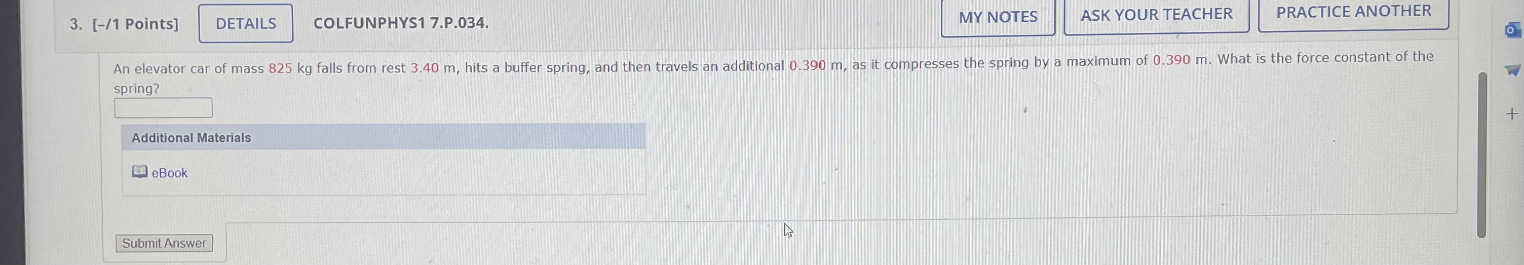 Solved 3. [-/1 Points] DETAILS COLFUNPHYS1 7.P.034. MY NOTES | Chegg.com