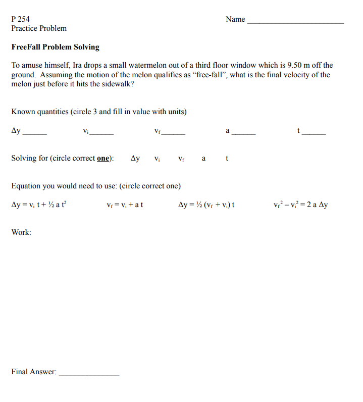 Solved Name P 254 Practice Problem Free Fall Problem Solving | Chegg.com