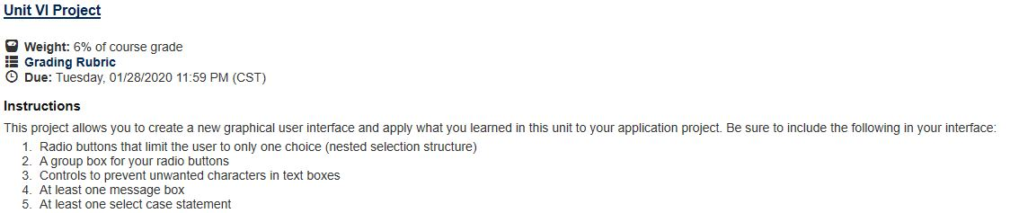 Solved Unit VI Project Weight: 6% of course grade # Grading | Chegg.com