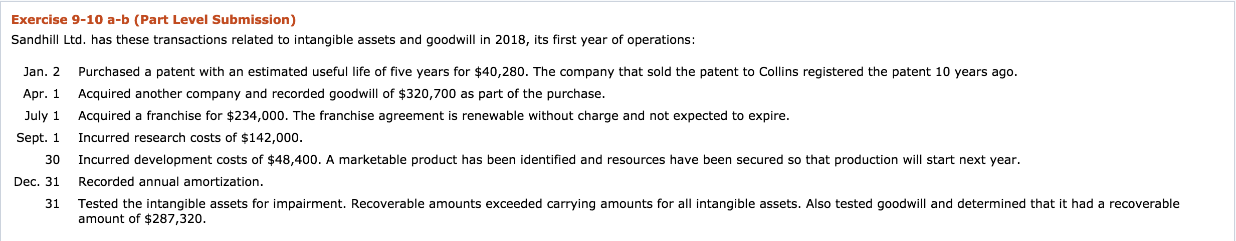 Solved Exercise 9-10 a-b (Part Level Submission) Sandhill | Chegg.com