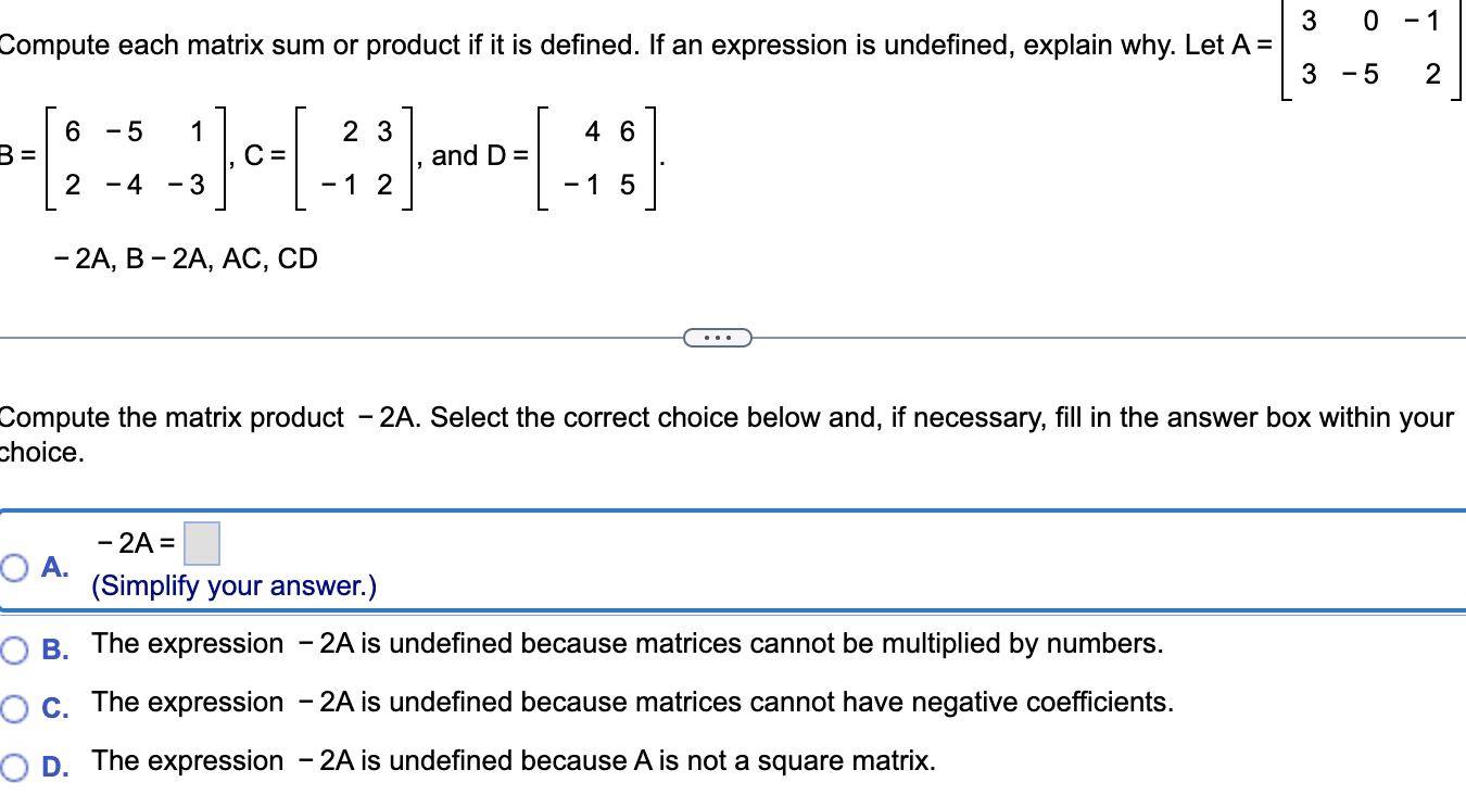 Solved Compute each matrix sum or product if it is defined. | Chegg.com