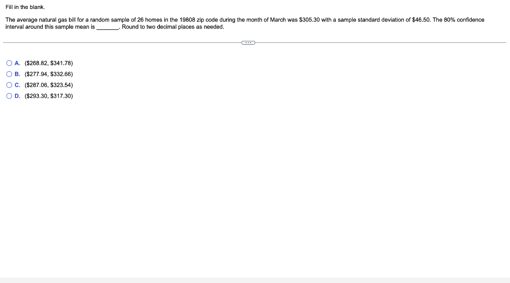 Solved The average natural gas bill for a random sample of | Chegg.com
