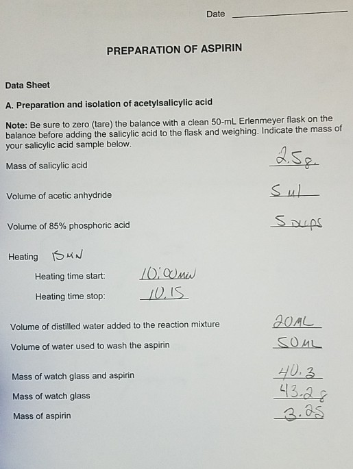 Solved Name Date PREPARATION OF ASPIRIN Prelaboratory | Chegg.com