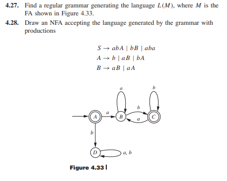 Solved 4.27. Find a regular grammar generating the language | Chegg.com