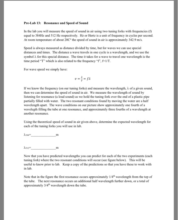 Solved Pre-Lab 13: Resonance and Speed of Sound In the lab | Chegg.com