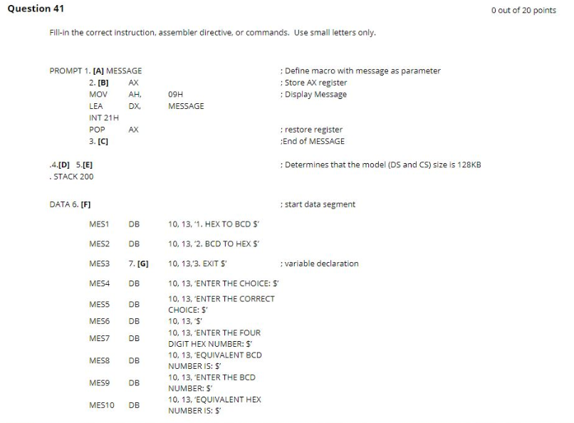 Question 41 0 out of 20 points Fill-in the correct | Chegg.com