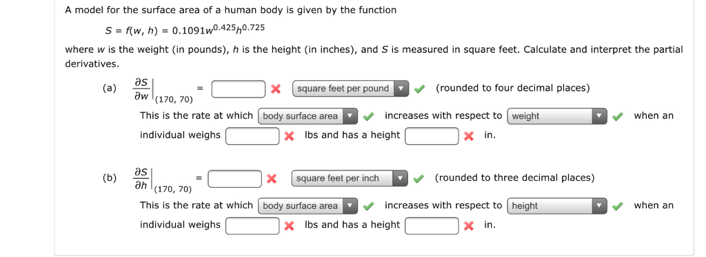 Solved A model for the surface area of a human body is given | Chegg.com