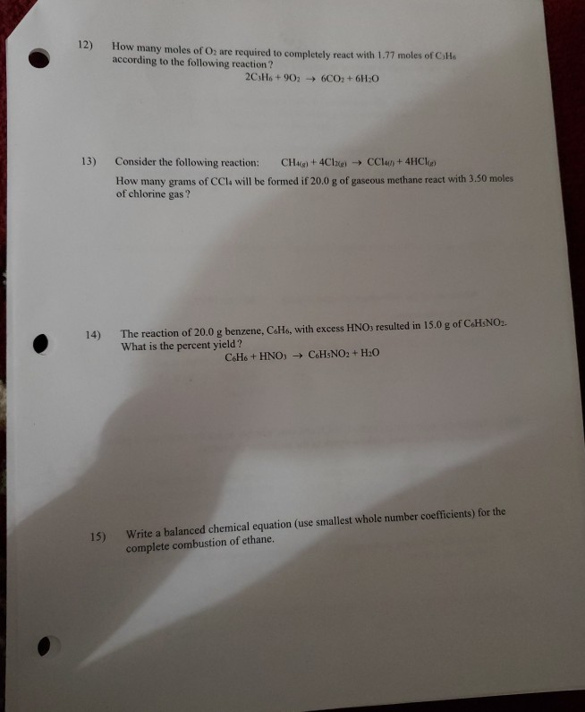 Solved How many moles of O2 are required to completely react | Chegg.com