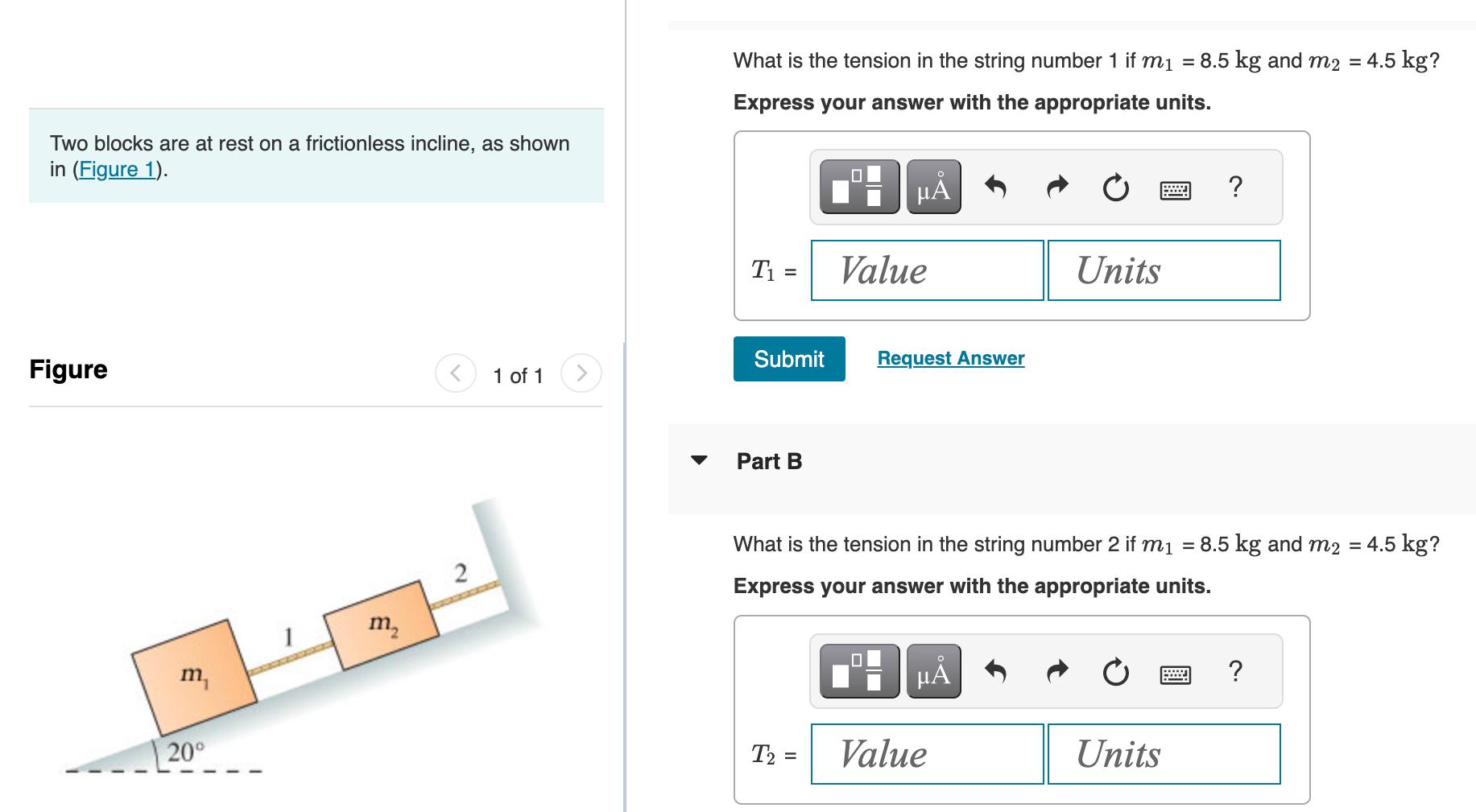 Solved What is the tension in the string number 1 if m1=8.5 | Chegg.com
