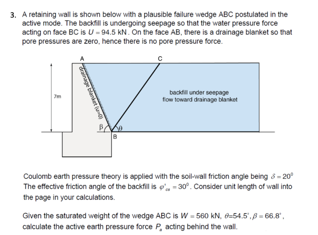 Solved 3. A retaining wall is shown below with a plausible | Chegg.com