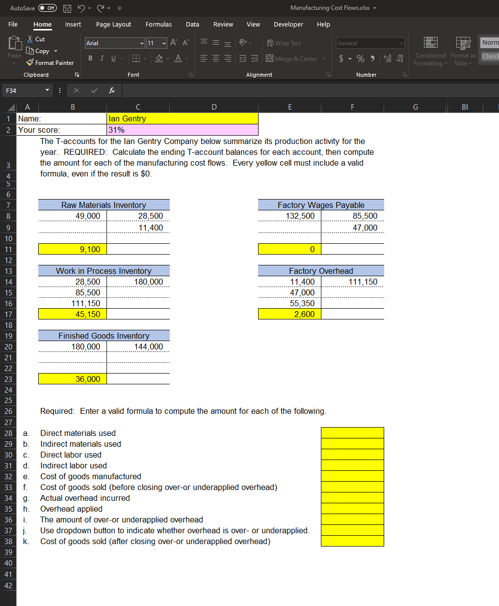 Solved AutoSave Manufacturing Cost Flows.xlsx File Home | Chegg.com