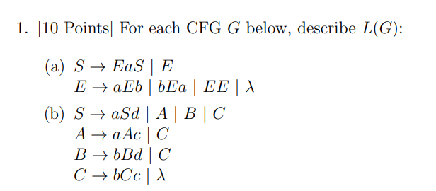 Solved [10 ﻿Points] ﻿For each CFG G ﻿below, describe L(G) | Chegg.com