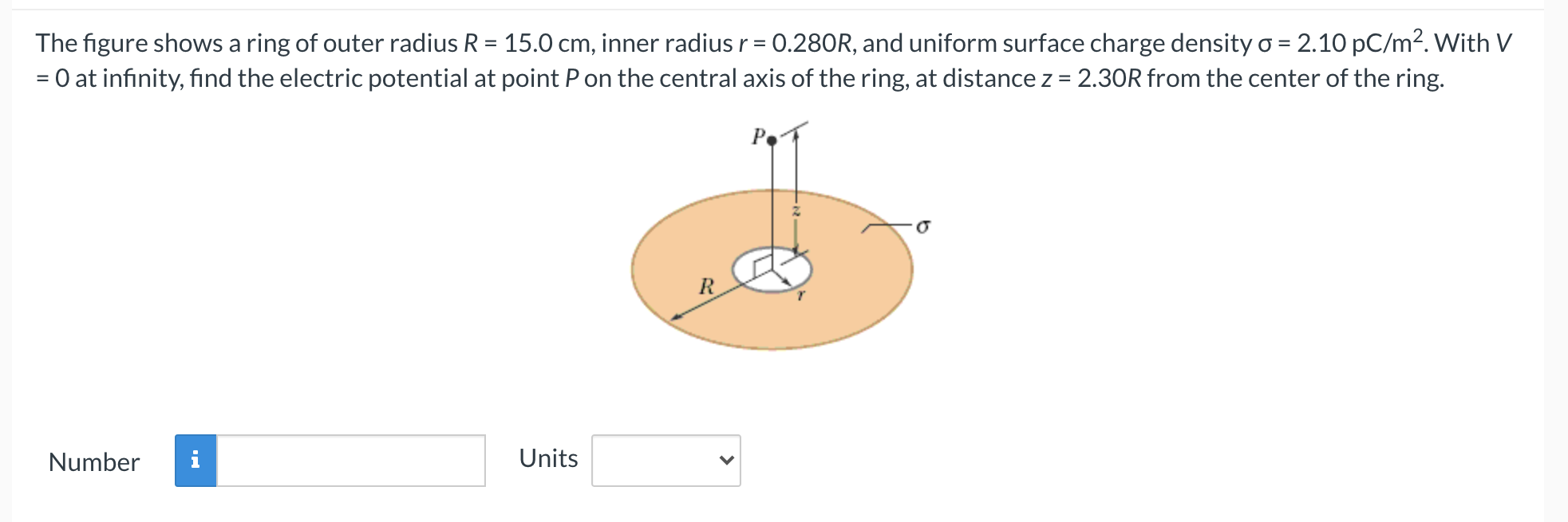 Solved The figure shows a ring of outer radius R = 15.0 cm, | Chegg.com