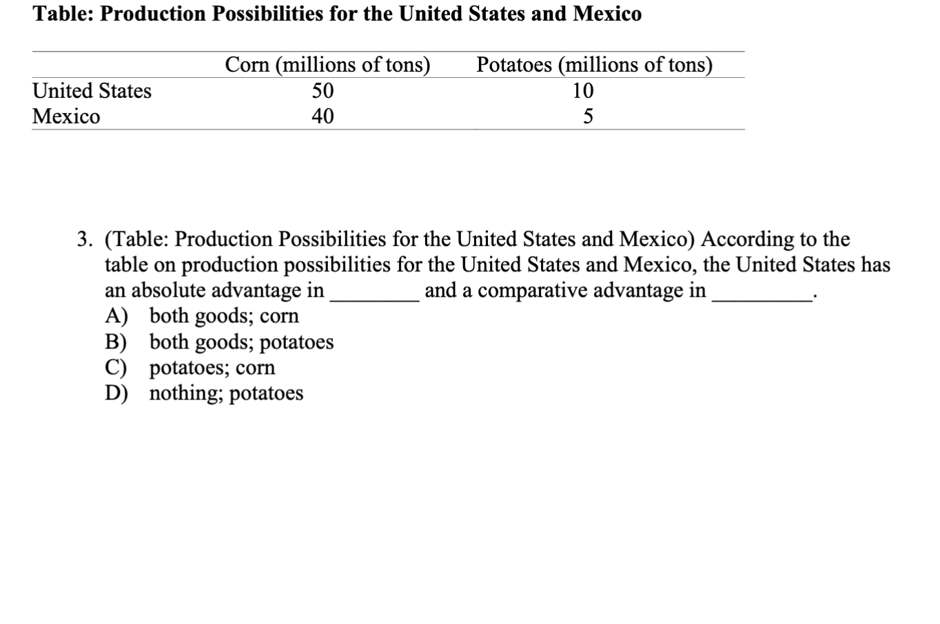 Solved Table: Production Possibilities for the United States | Chegg.com