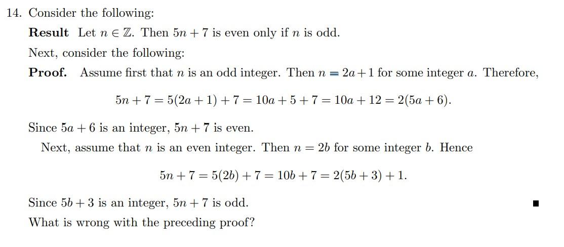 Solved 14. Consider the following: Result Let n e Z. Then 5n | Chegg.com