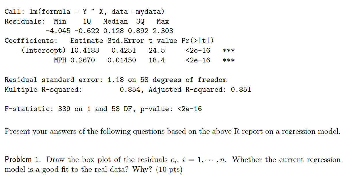 Solved Call: lm( formula =Y∼X, data =mydata) Residuals: Min | Chegg.com