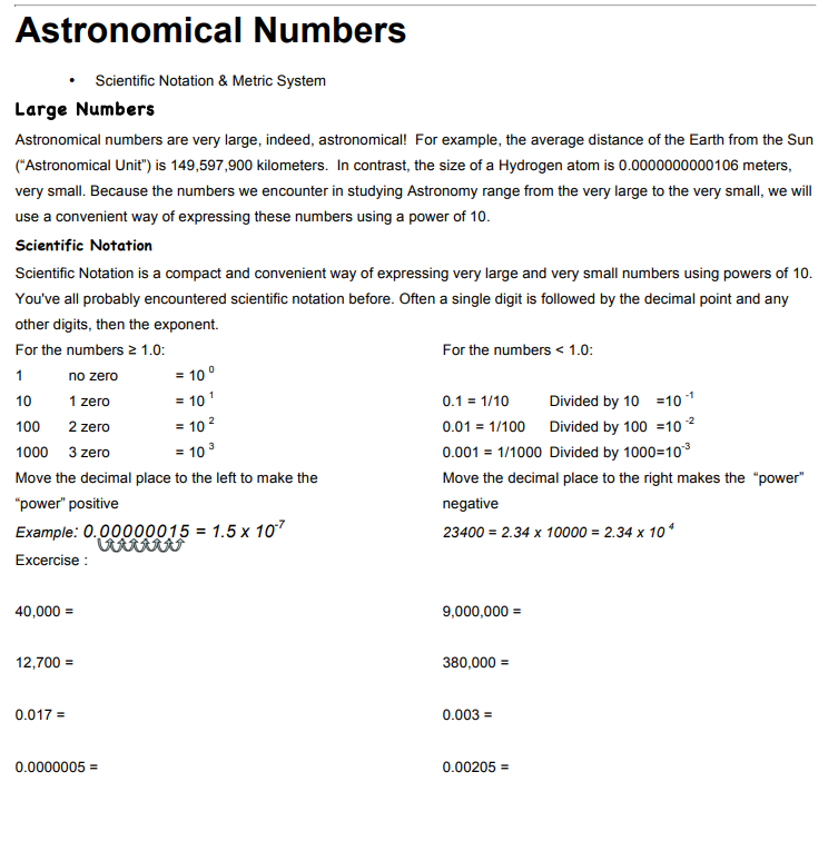 Solved Astronomical Numbers Scientific Notation & Metric | Chegg.com
