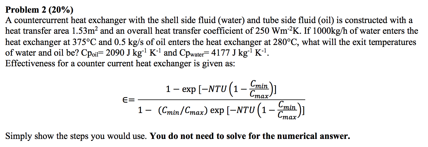 Solved Problem 2 (20%) A countercurrent heat exchanger with | Chegg.com