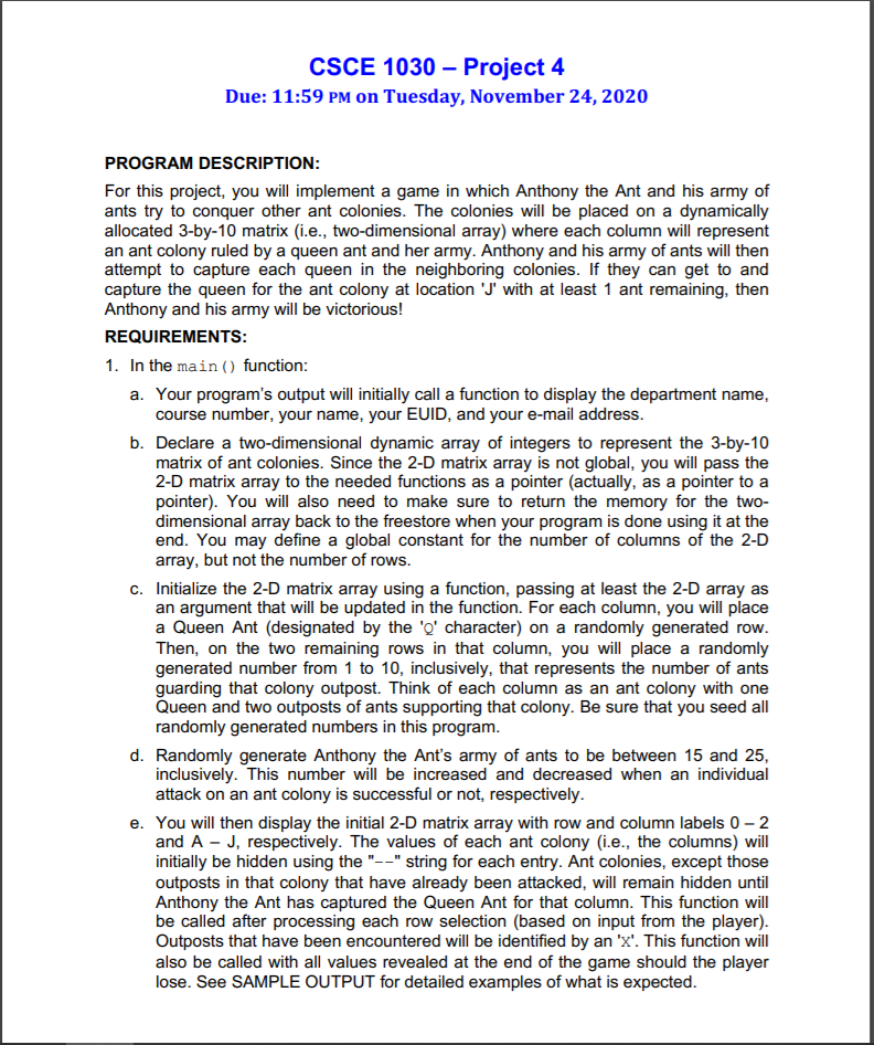 CSCE 1030 - Project 4 Due: 11:59 PM on Tuesday, | Chegg.com