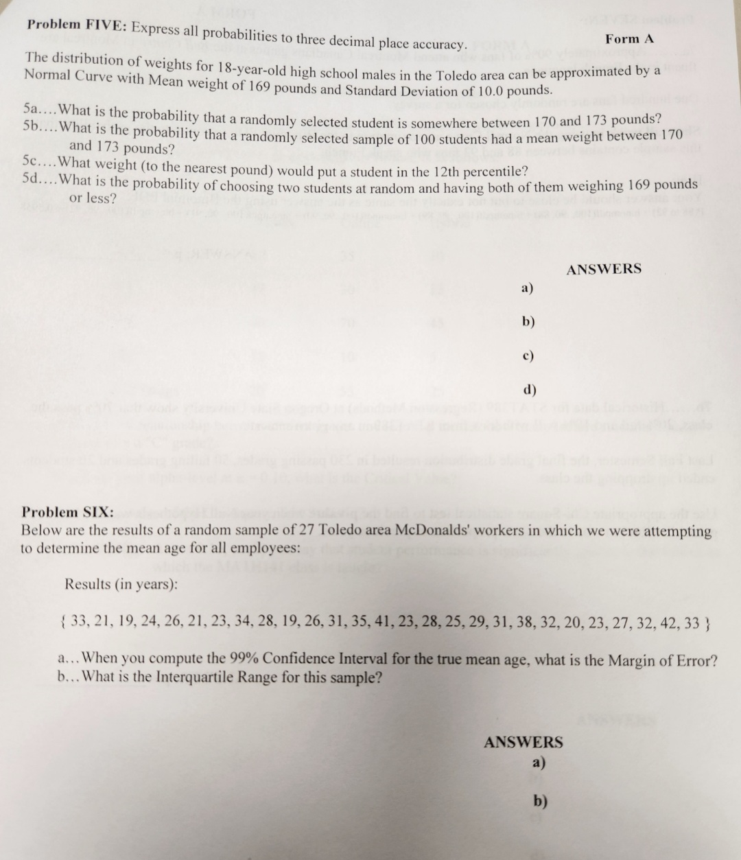 Solved Problem FIVE: Express all probabilities to three | Chegg.com