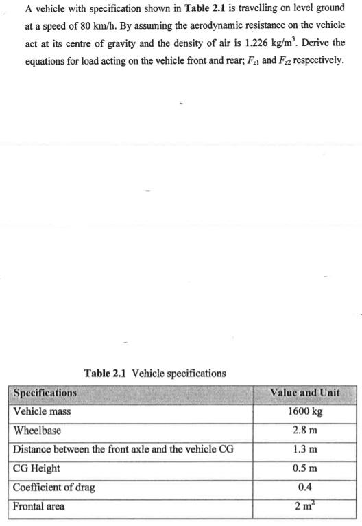 Solved A vehicle with specification shown in Table 2.1 is | Chegg.com