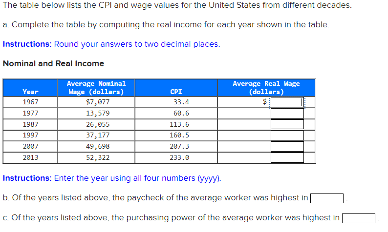 Solved The table below lists the CPI and wage values for the | Chegg.com