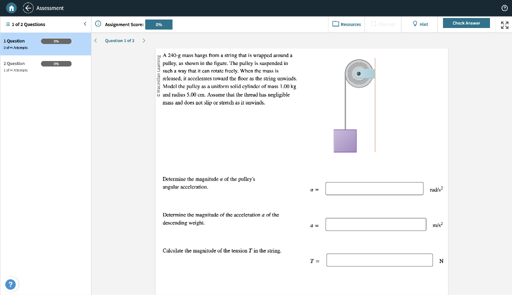 Solved क. A 240-g mass hangs from a string that is wrapped | Chegg.com
