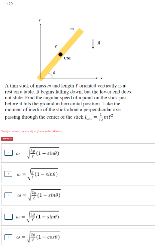 Solved 1/20 m 1 g CM A thin stick of mass m and length l | Chegg.com
