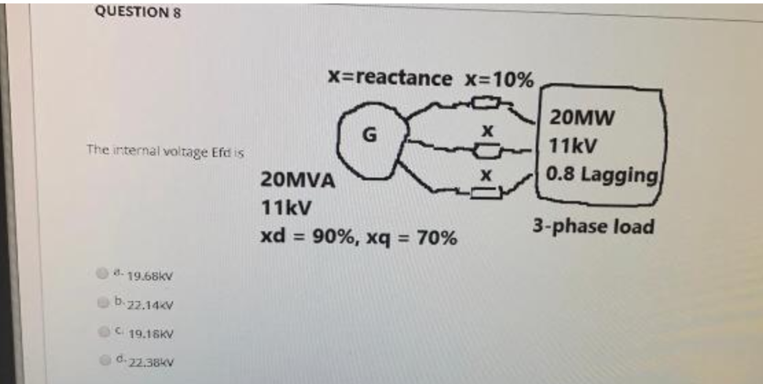 Solved QUESTIONS X=reactance x=10% VO 20MW х The internal | Chegg.com