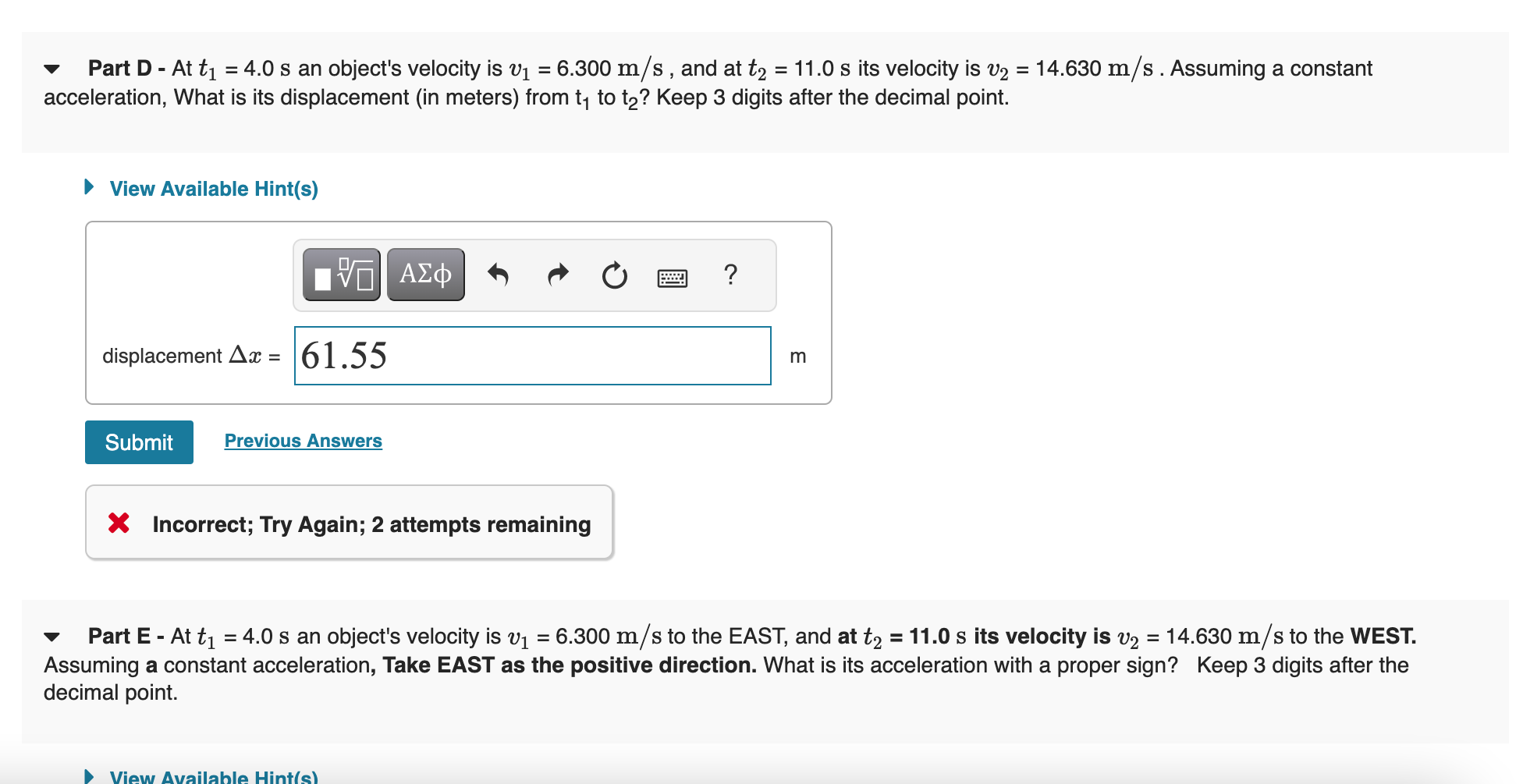 Solved Part B An Object S Initial Velocity Is 1 54 M S