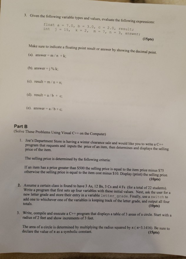 Solved 3. Given the following variable types and values, | Chegg.com