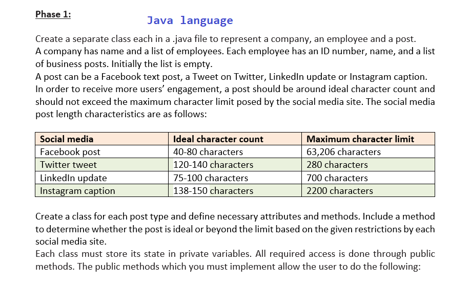 Phase 1 Java Language Create A Separate Class Each 