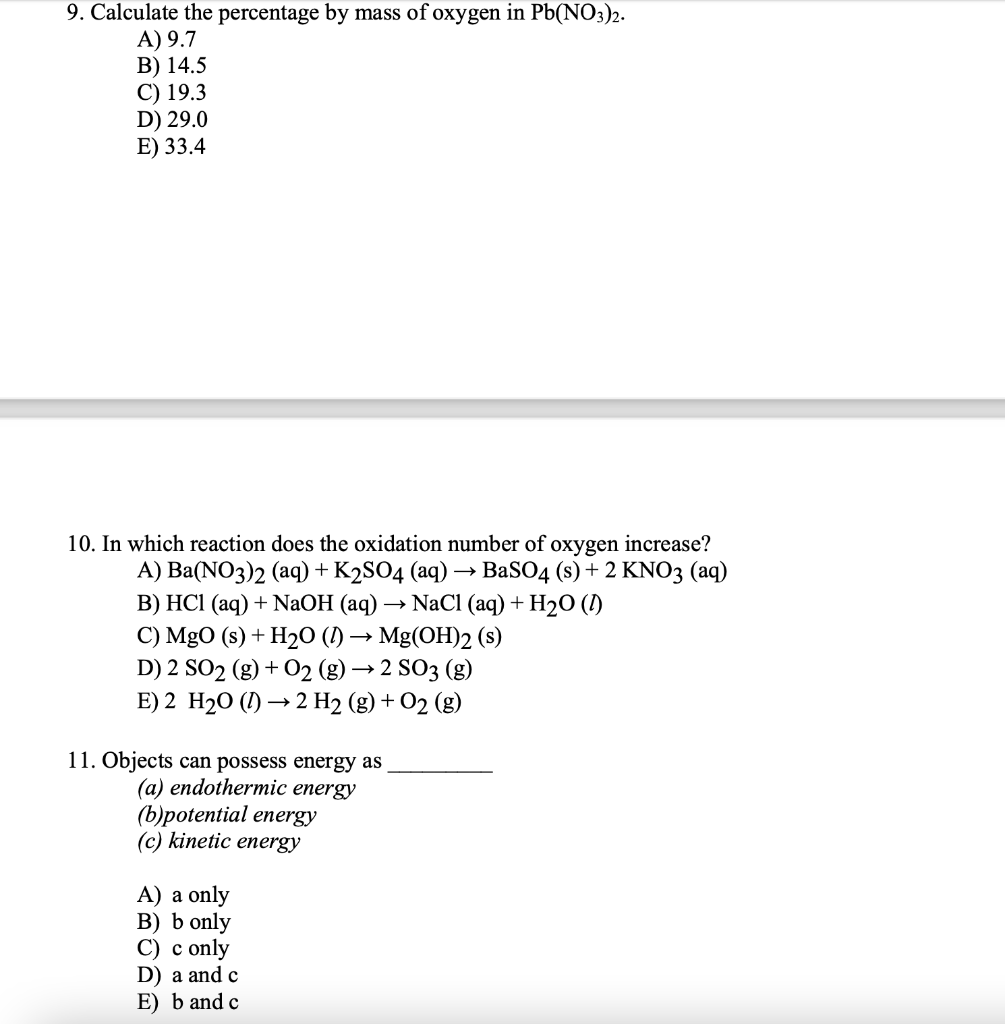 Solved 9. Calculate the percentage by mass of oxygen in | Chegg.com