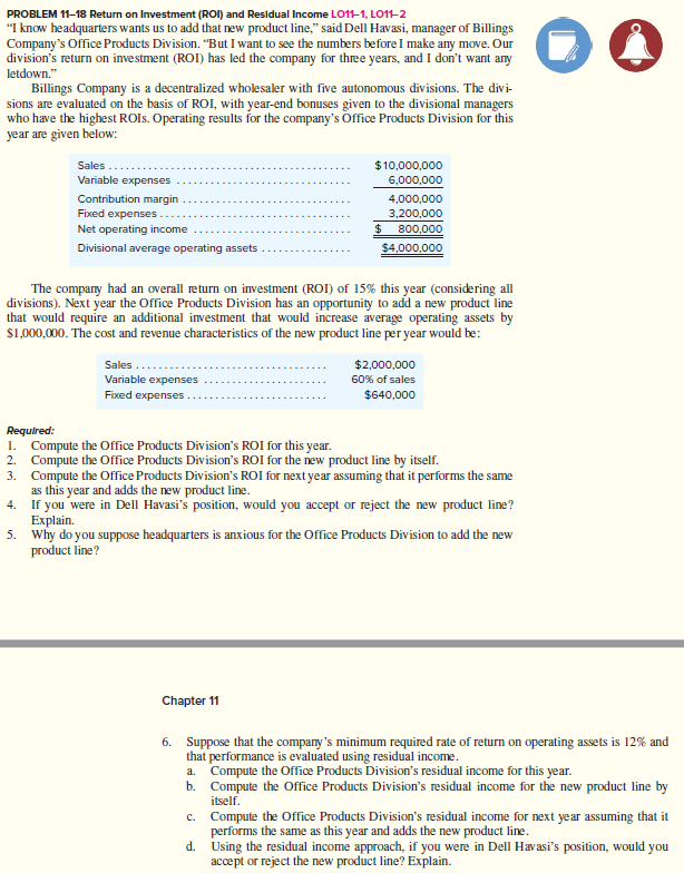 Solved PROBLEM 11–18 Return on Investment (ROI) and Residual | Chegg.com
