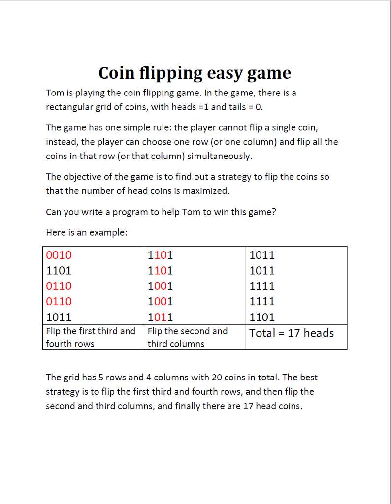 Solved Coin flipping easy game Tom is playing the coin | Chegg.com