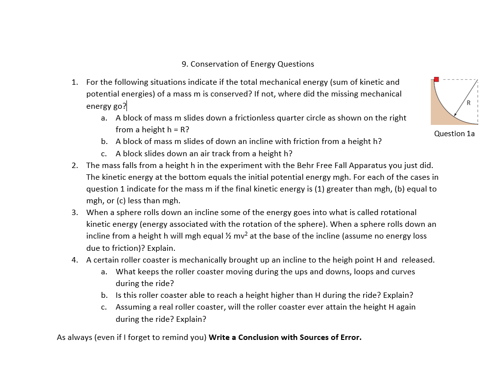 Solved 9. Conservation of Energy Questions R a. C. 1. For | Chegg.com