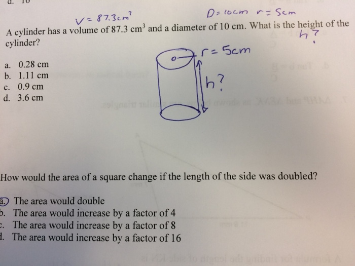 Solved A cylinder has a volume of 87.3 cm^3 and a diameter | Chegg.com