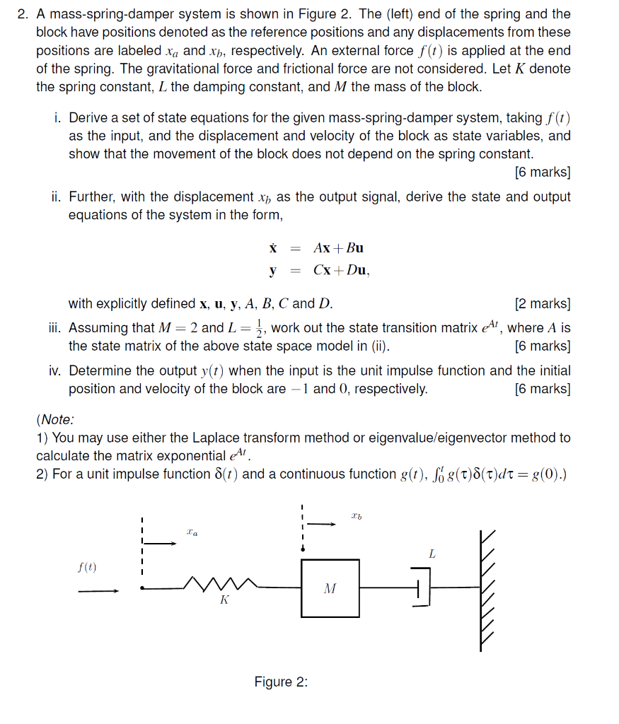 Solved 2. A mass-spring-damper system is shown in Figure 2. | Chegg.com