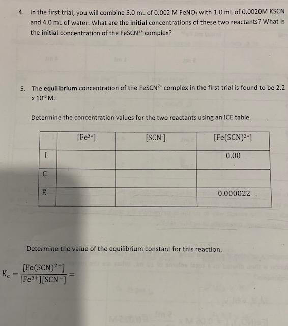 Solved What is the initial concentration of the FeSCN2+ | Chegg.com