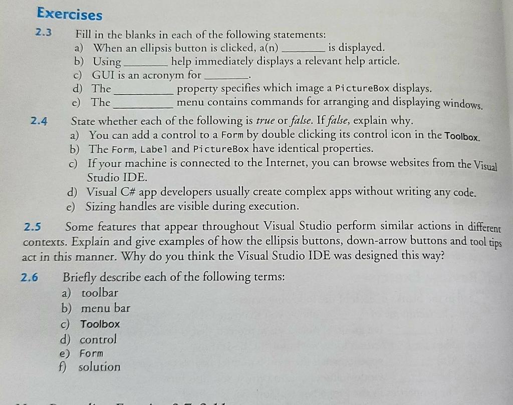 Solved Exercises 2.3 Fill in the blanks in each of the | Chegg.com