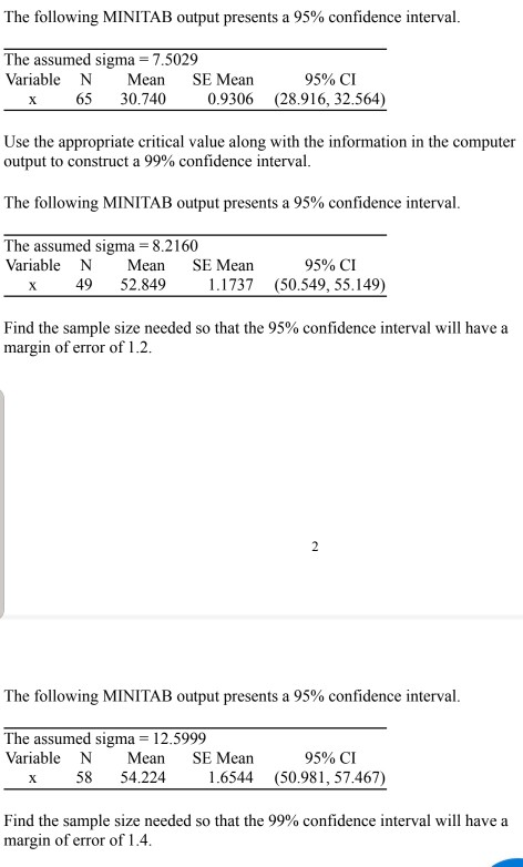 Solved The following MINITAB output presents a 95% | Chegg.com