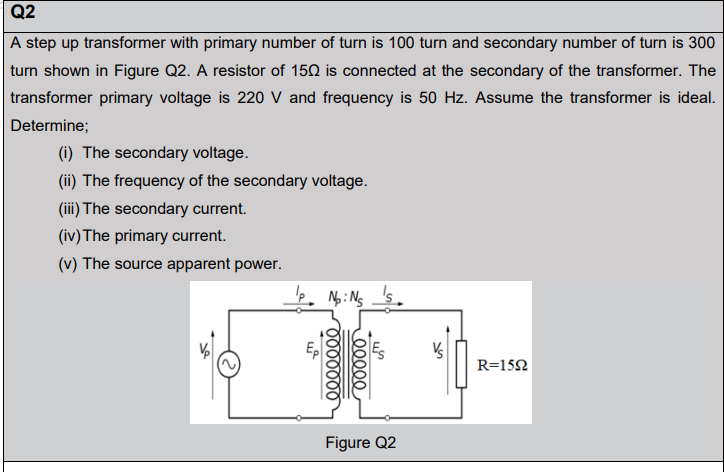 Solved Q2 A step up transformer with primary number of turn | Chegg.com