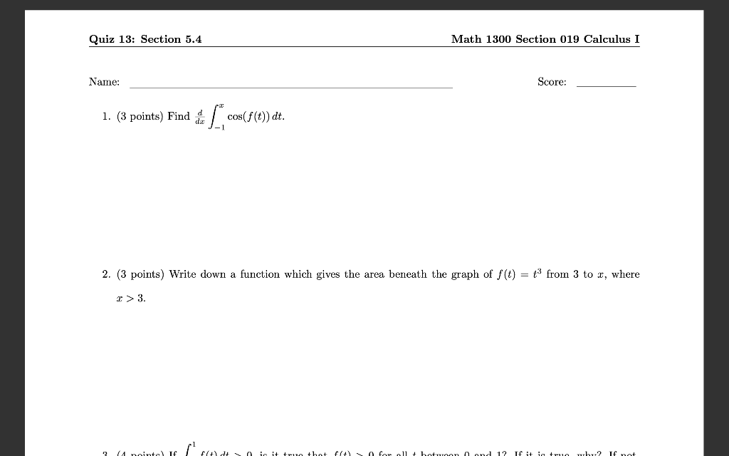 Solved Quiz 13: Section 5.4 Quiz 13: Section 5.4 Math 1300 | Chegg.com