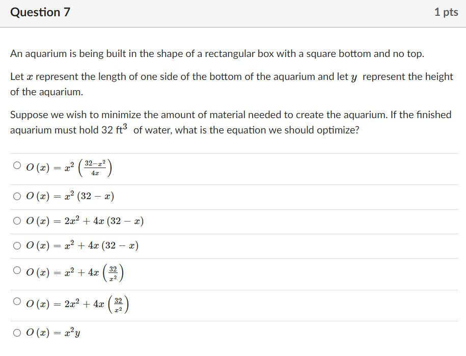 Solved Question 7 1 pts An aquarium is being built in the | Chegg.com