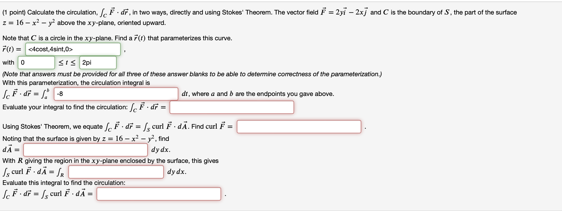 Solved (1 point) Calculate the circulation, ∫CF⋅dr, in two | Chegg.com