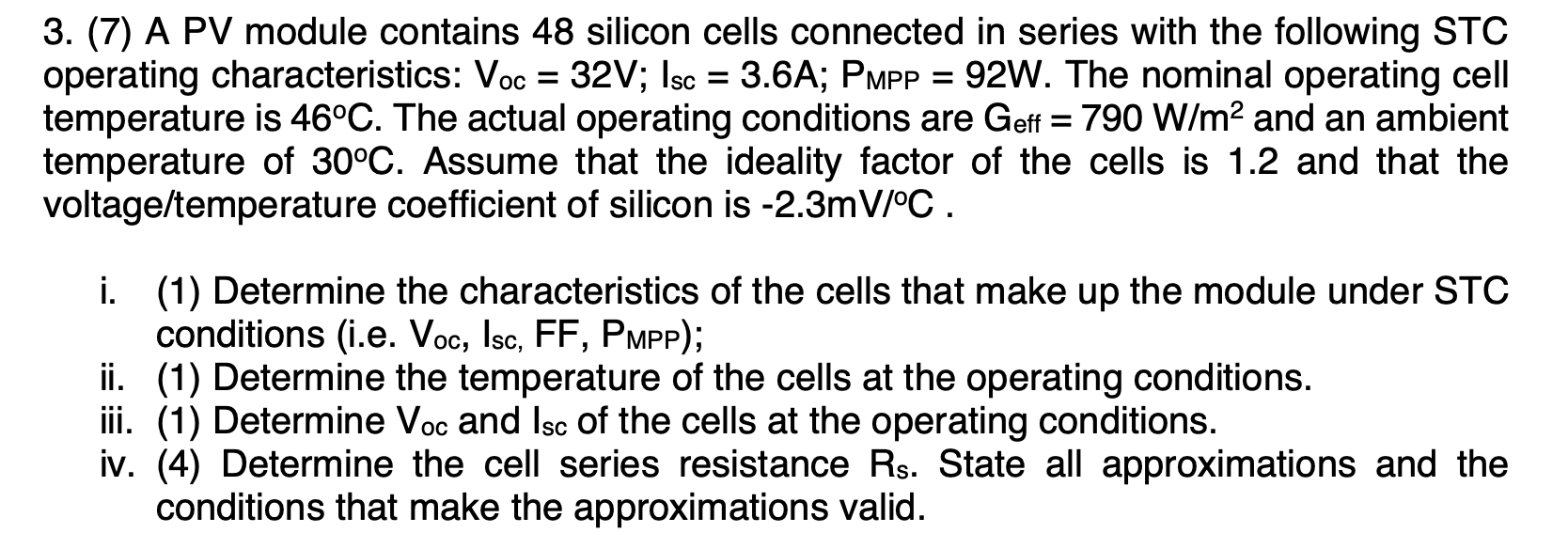 Solved 3. (7) A PV module contains 48 silicon cells | Chegg.com