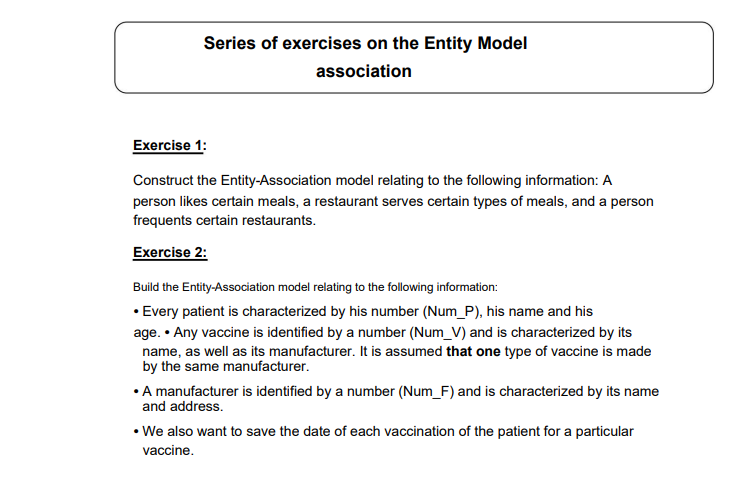 Solved Series of exercises on the Entity Model association | Chegg.com