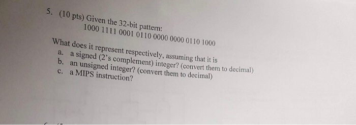 Solved 5. (10 pts) Given the 32-bit pattern: 1000 1111 0001 | Chegg.com