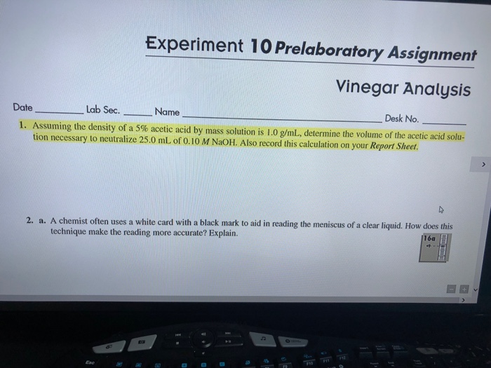 Solved Experiment 10 Prelaboratory Assignment Vinegar | Chegg.com