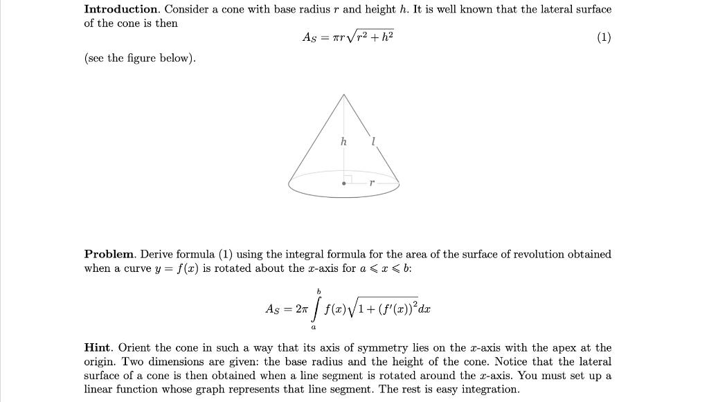 Solved Introduction. Consider a cone with base radius r and | Chegg.com